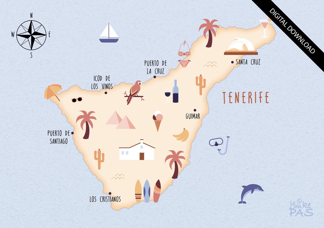 Illustrated Map of Tenerife Art Print Poster Travel Map Digital ...