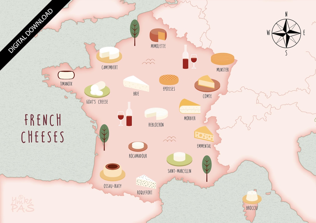Illustrated Map of France, French Cheeses, Food, Art Print, Poster ...