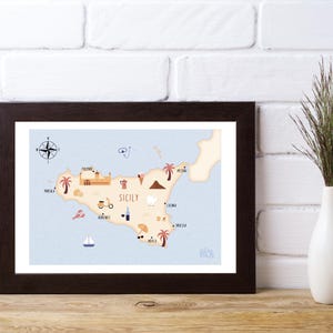 Illustrated Map of Sicily Art Print Poster Travel Map Digital Download ...