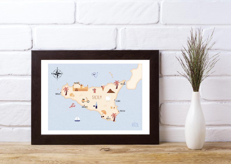 Illustrated Map of Sicily Art Print Poster Travel Map Digital Download ...
