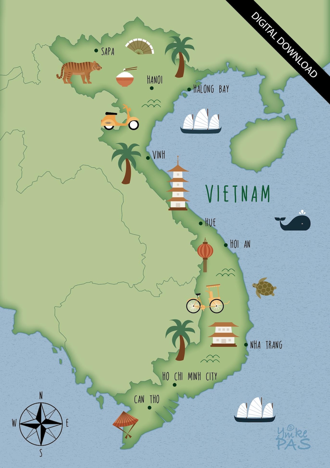 Illustrated Map of Vietnam Art Print Poster Travel Map Digital Download ...
