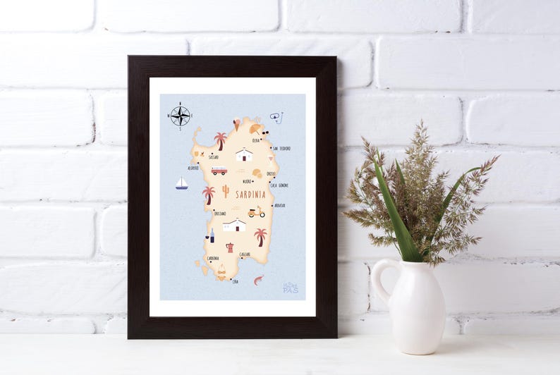 Illustrated Map of Sardinia Art Print Poster Travel Map Digital ...