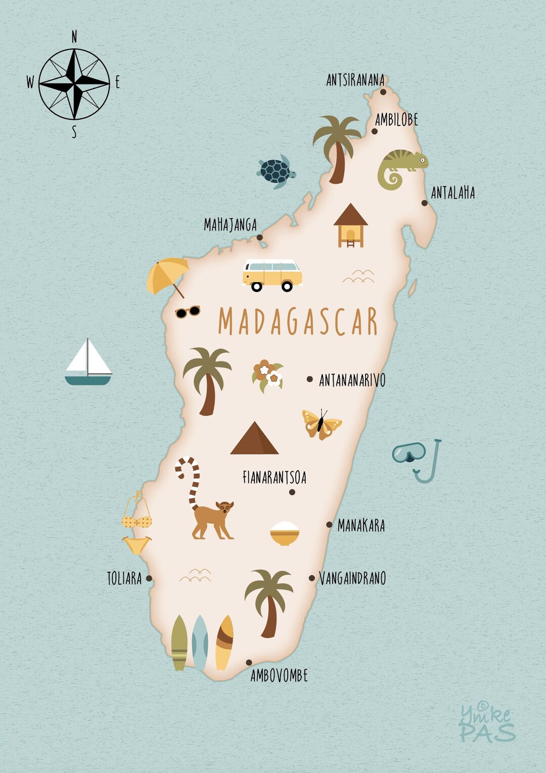 Madagascar Postcard, Pack of 5 Postcards A6, Illustrated Map of ...