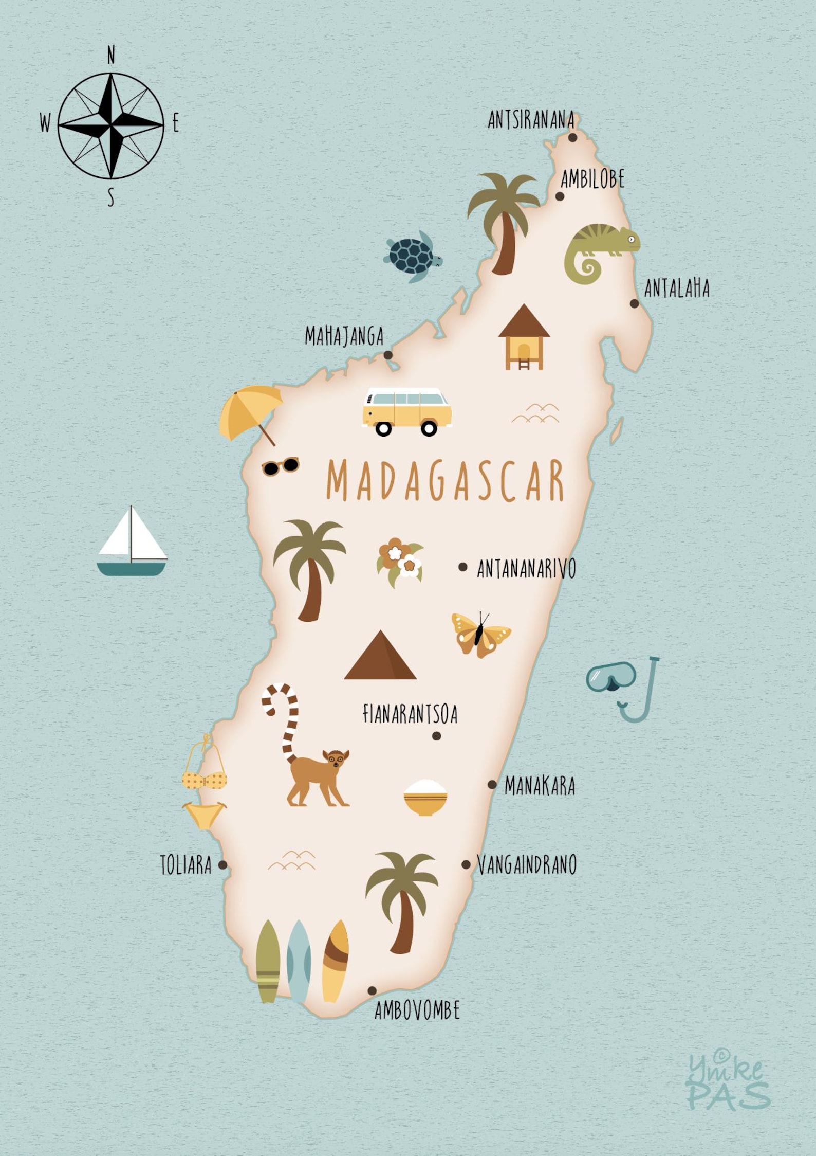 Madagascar Postcard, Pack of 5 Postcards A6, Illustrated Map of ...
