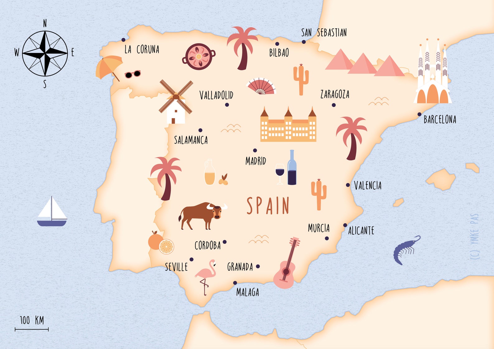 Illustrated Map of Spain Art Print Poster Travel Map Digital Download ...