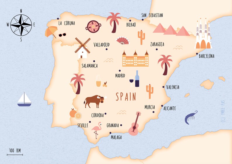 Illustrated Map of Spain Art Print Poster Travel Map Digital Download ...