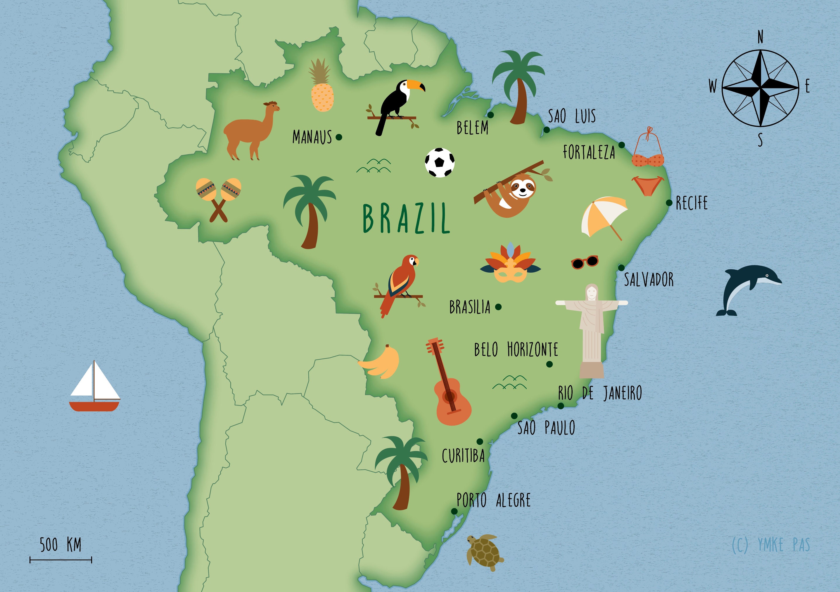 Illustrated Map of Brazil Art Print Poster Travel Map Digital Download ...