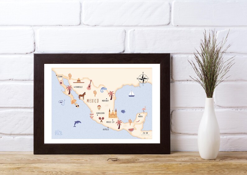 Illustrated Map of Mexico Art Print Poster Travel Map Digital Download ...