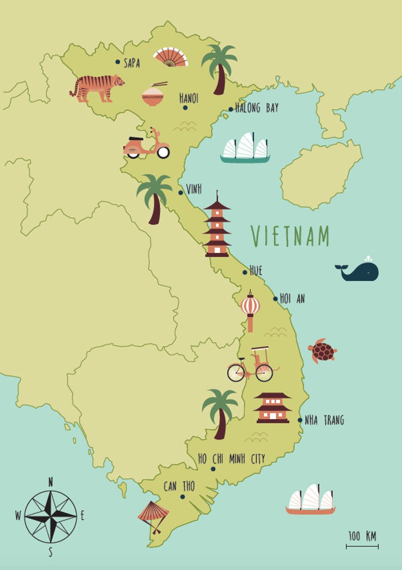 Illustrated Map of Vietnam Art Print Poster Travel Map Digital - Etsy