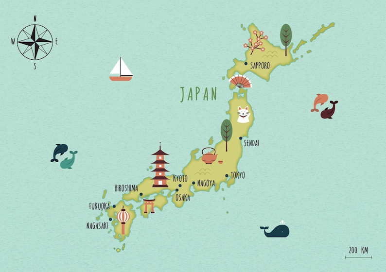Illustrated Map of Japan Art Print Poster Travel Map Digital Download ...