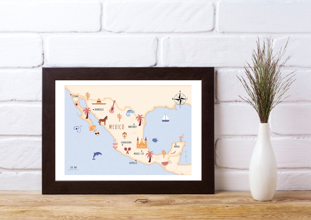 Illustrated Map of Mexico Art Print Poster Travel Map Digital - Etsy