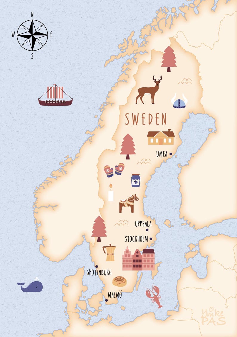 Illustrated Map of Sweden Art Print Poster Travel Map - Etsy