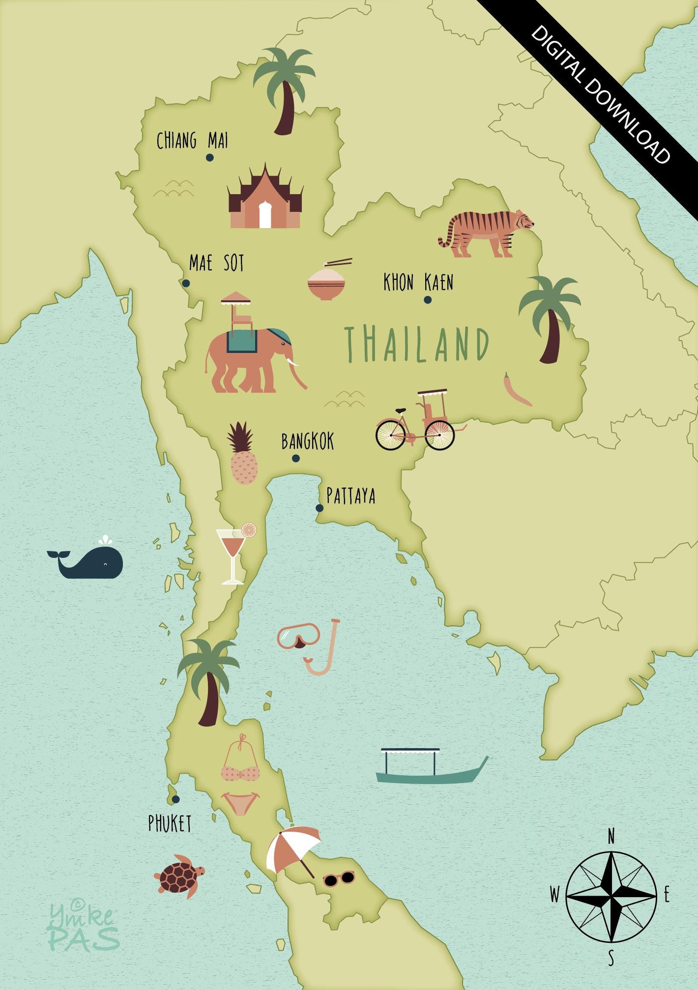 Illustrated Map of Thailand Art Print Poster Travel Map Digital ...