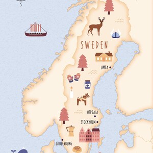 Illustrated Map of Sweden Art Print Poster Travel Map Digital Download ...