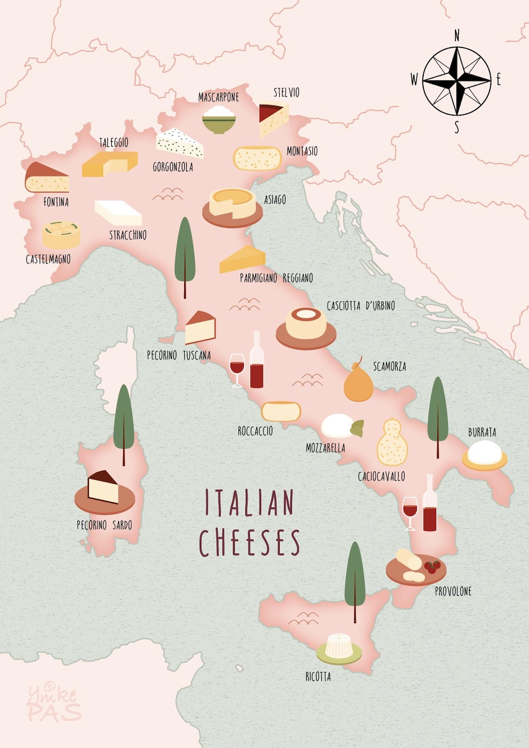 Illustrated Map of Italian Cheeses Art Print Food Poster Travel Map - Etsy
