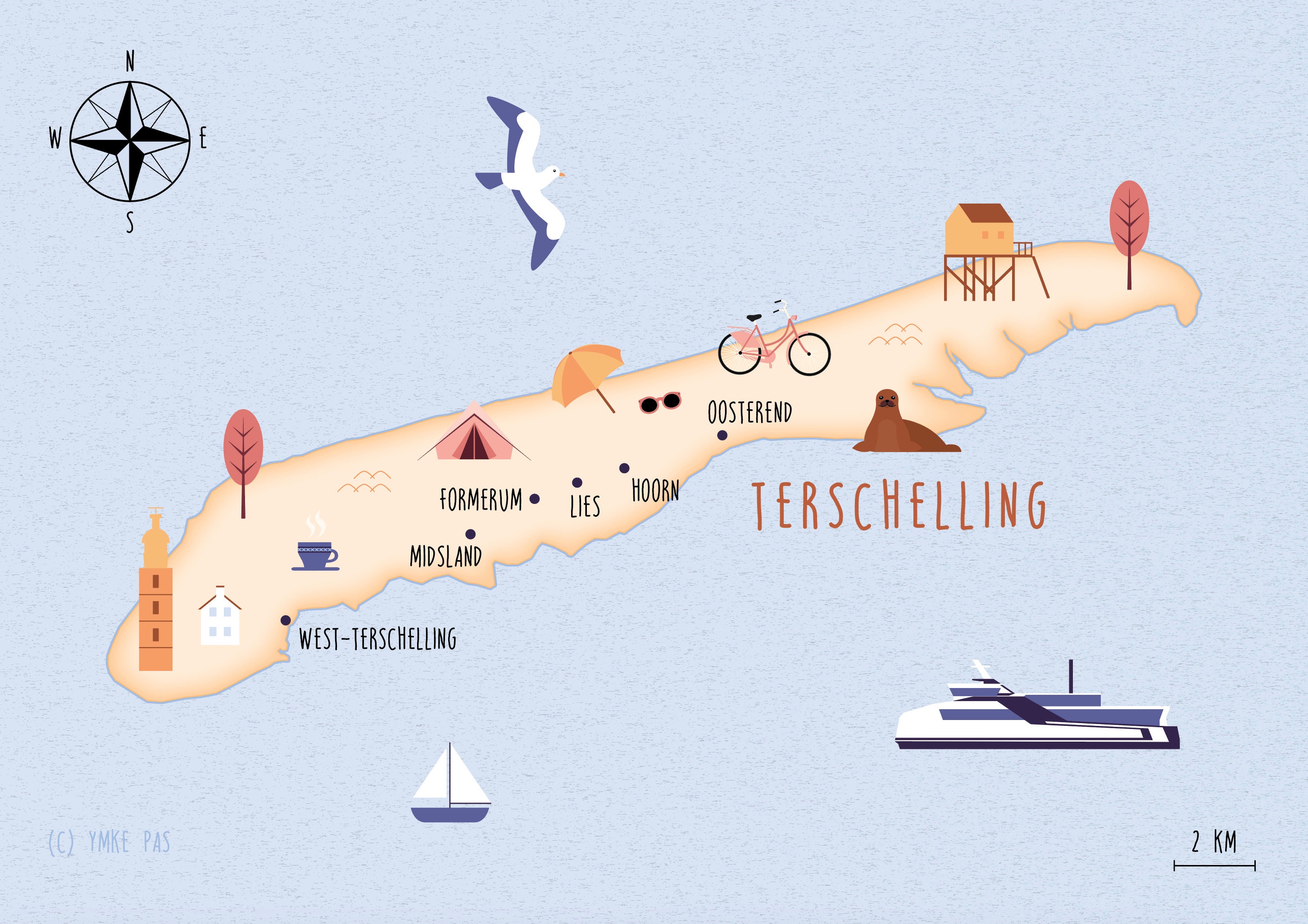 Illustrated Map of Terschelling Art Print Poster Travel Map Digital ...