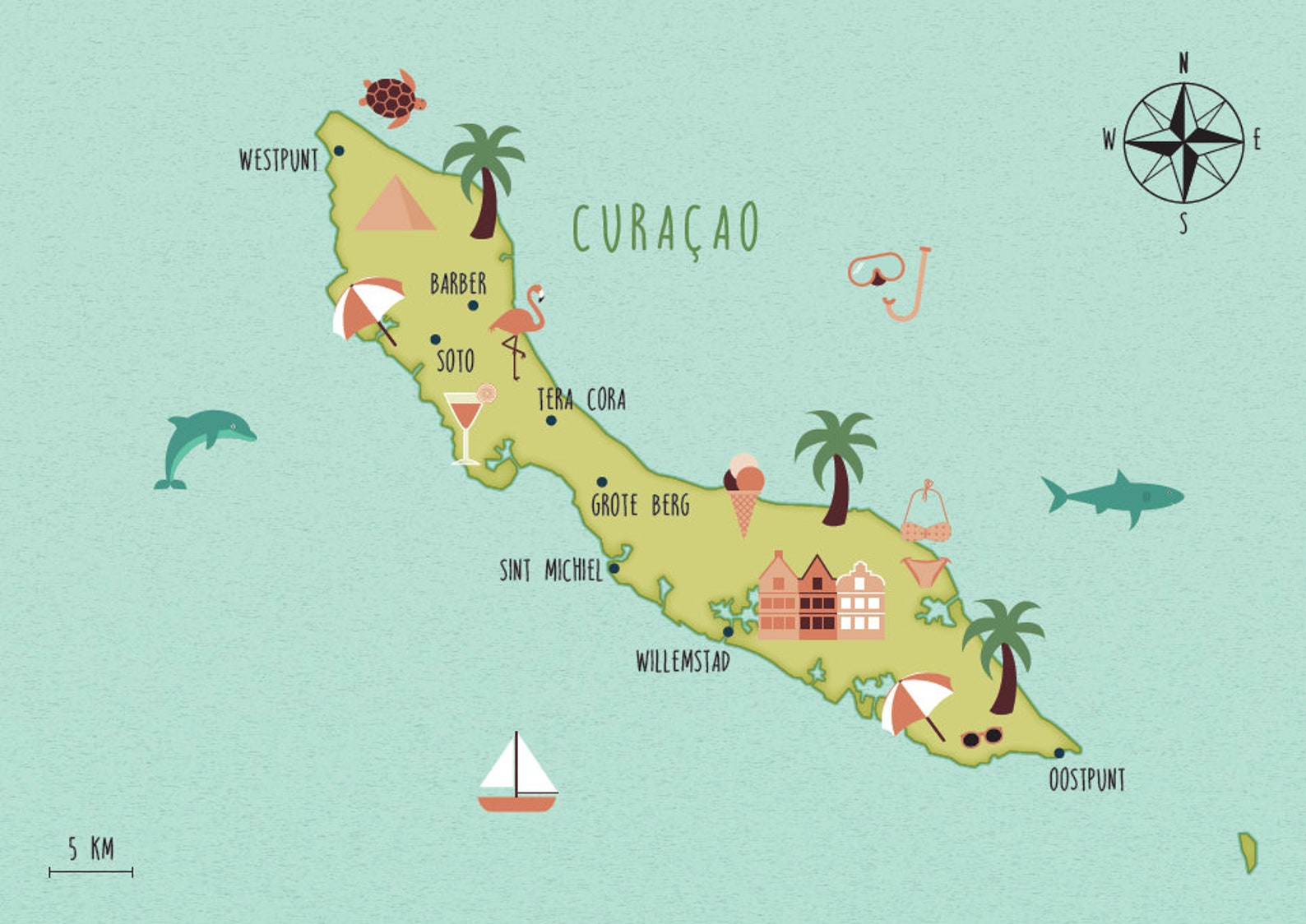 Illustrated Map of Curacao Art Print Poster Travel Map Digital - Etsy