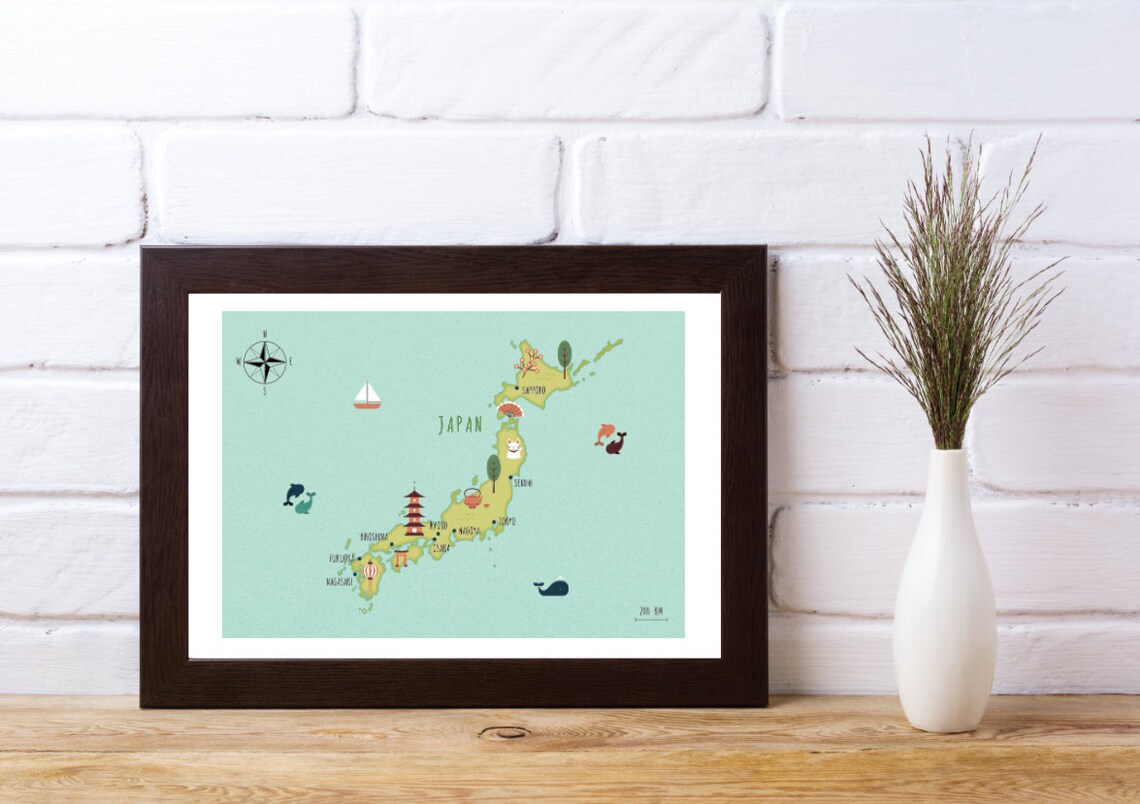 Illustrated Map of Japan Art Print Poster Travel Map Digital - Etsy