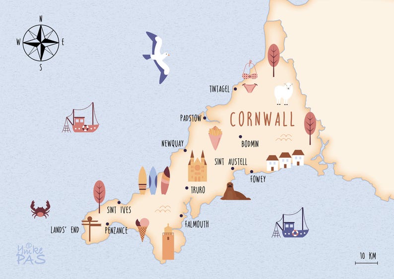 Illustrated Map of Cornwall Art Print Poster Travel Map Digital ...