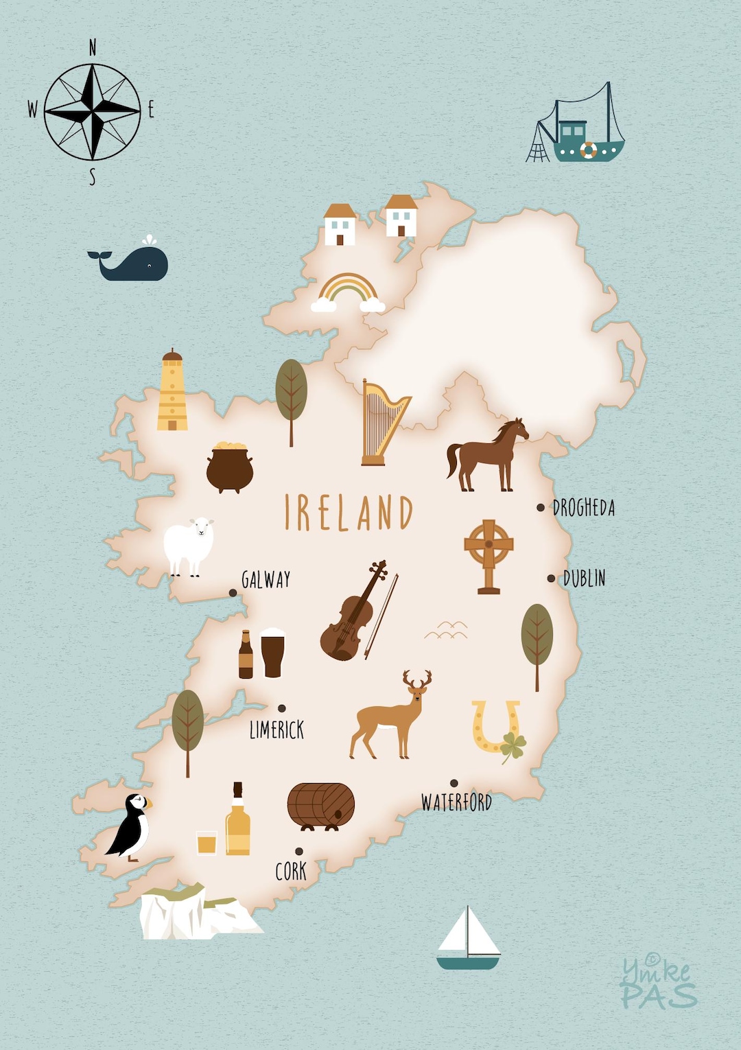 Illustrated Map of Ireland Art Print Poster Travel Map - Etsy UK