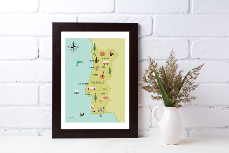 Illustrated Map of Portugal Art Print Poster Travel Map Digital ...