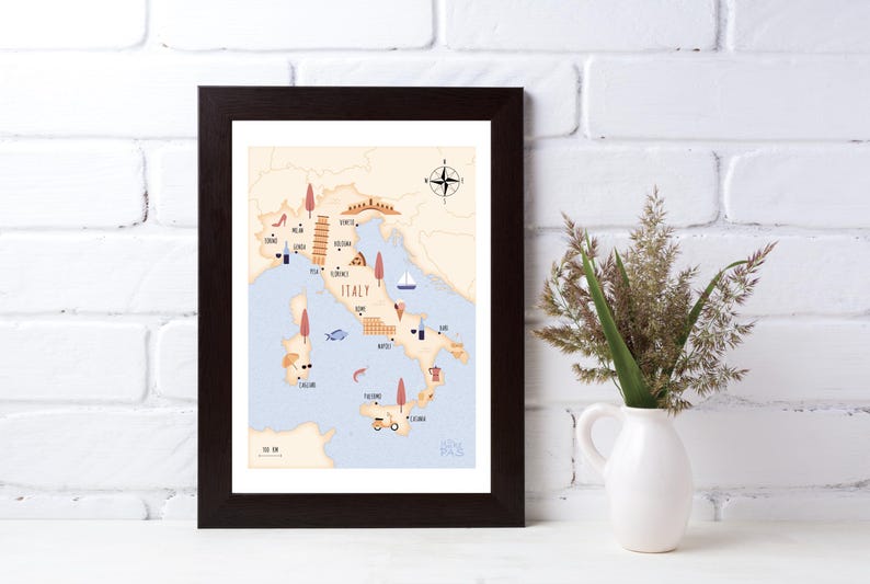 Illustrated Map of Italy Art Print Poster Travel Map Digital Download ...