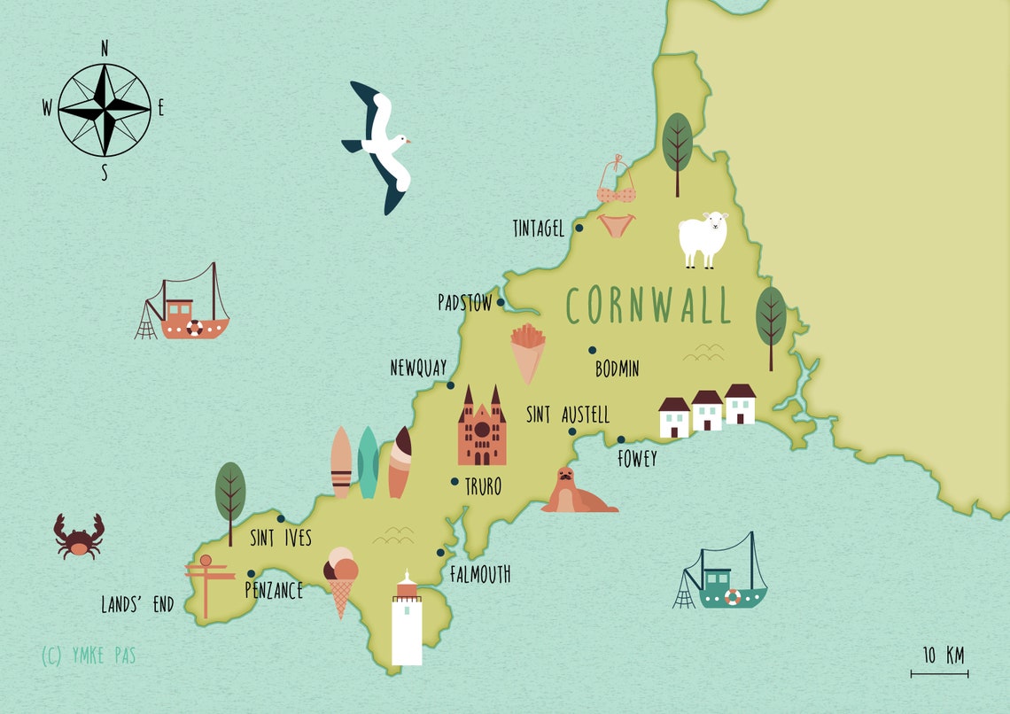 Illustrated Map of Cornwall Art Print Poster Travel Map Digital ...