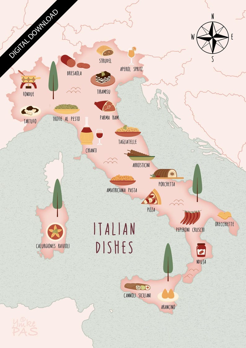 Illustrated Map of Italy, Italian Dishes, Food, Art Print, Poster ...