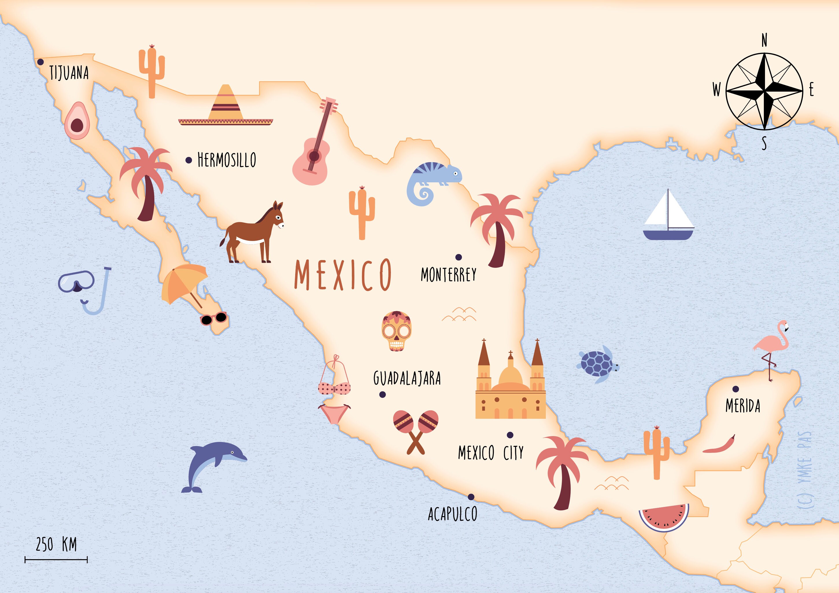 Illustrated Map of Mexico Art Print Poster Travel Map Digital - Etsy