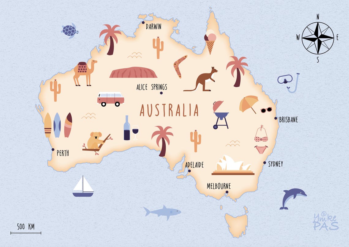 Illustrated Map of Australia Art Print Poster Travel Map Digital ...