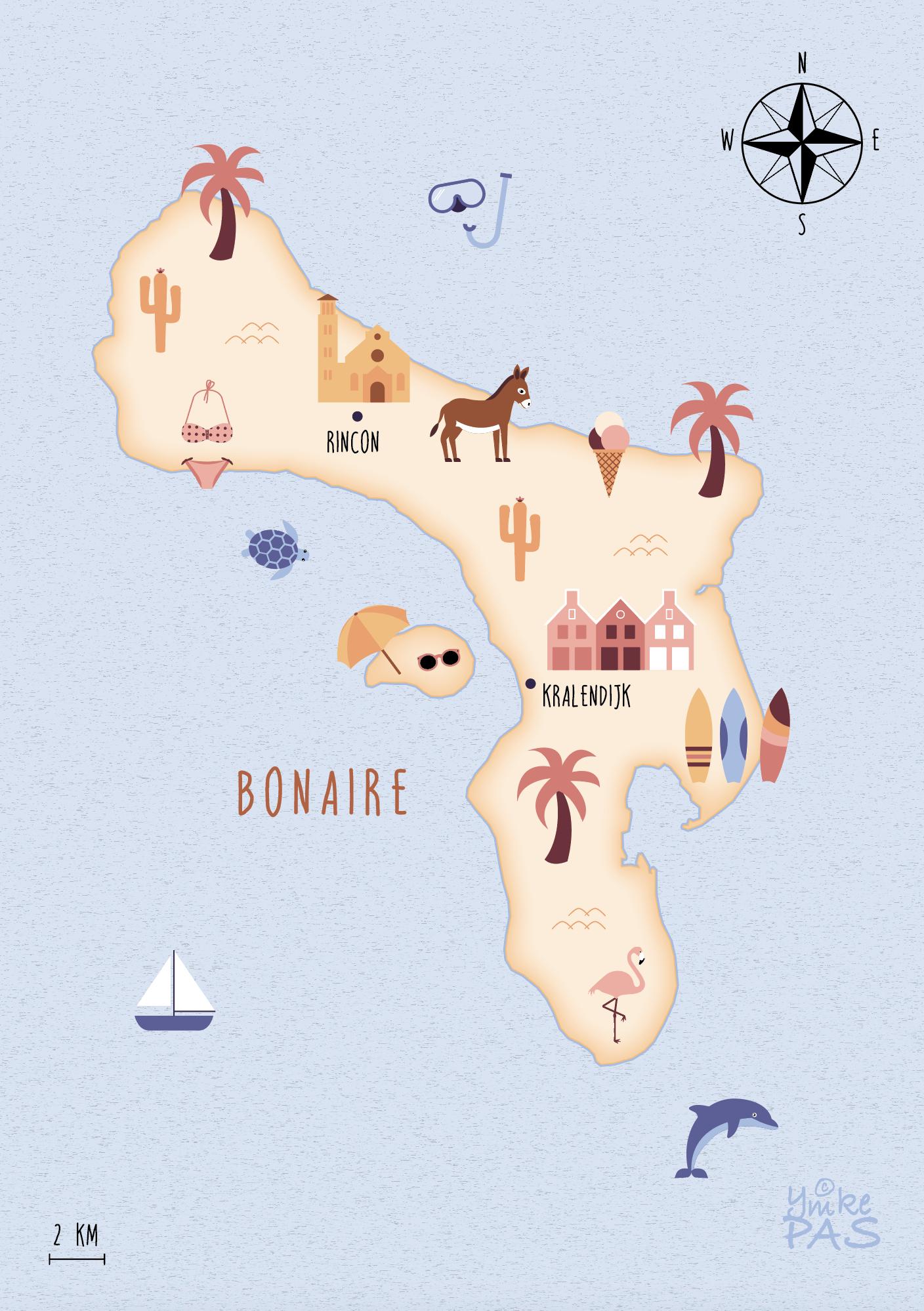 Illustrated Map of Bonaire Art Print Poster Travel Map Digital Download ...