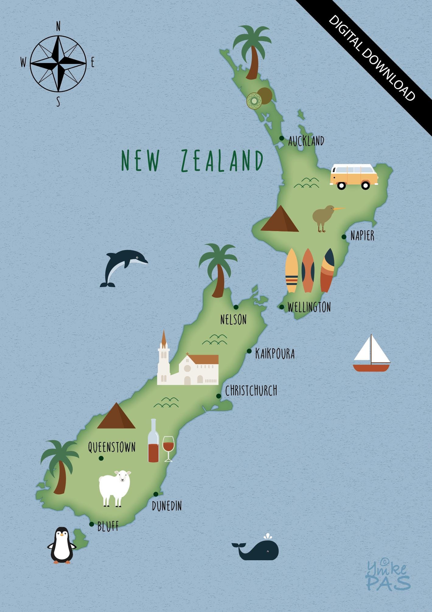 Illustrated Map of New Zealand Art Print Poster Travel Map Digital ...