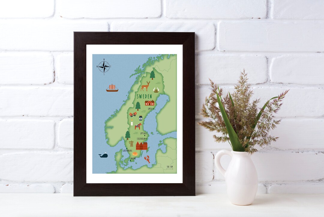 Illustrated Map of Sweden Art Print Poster Travel Map Digital - Etsy