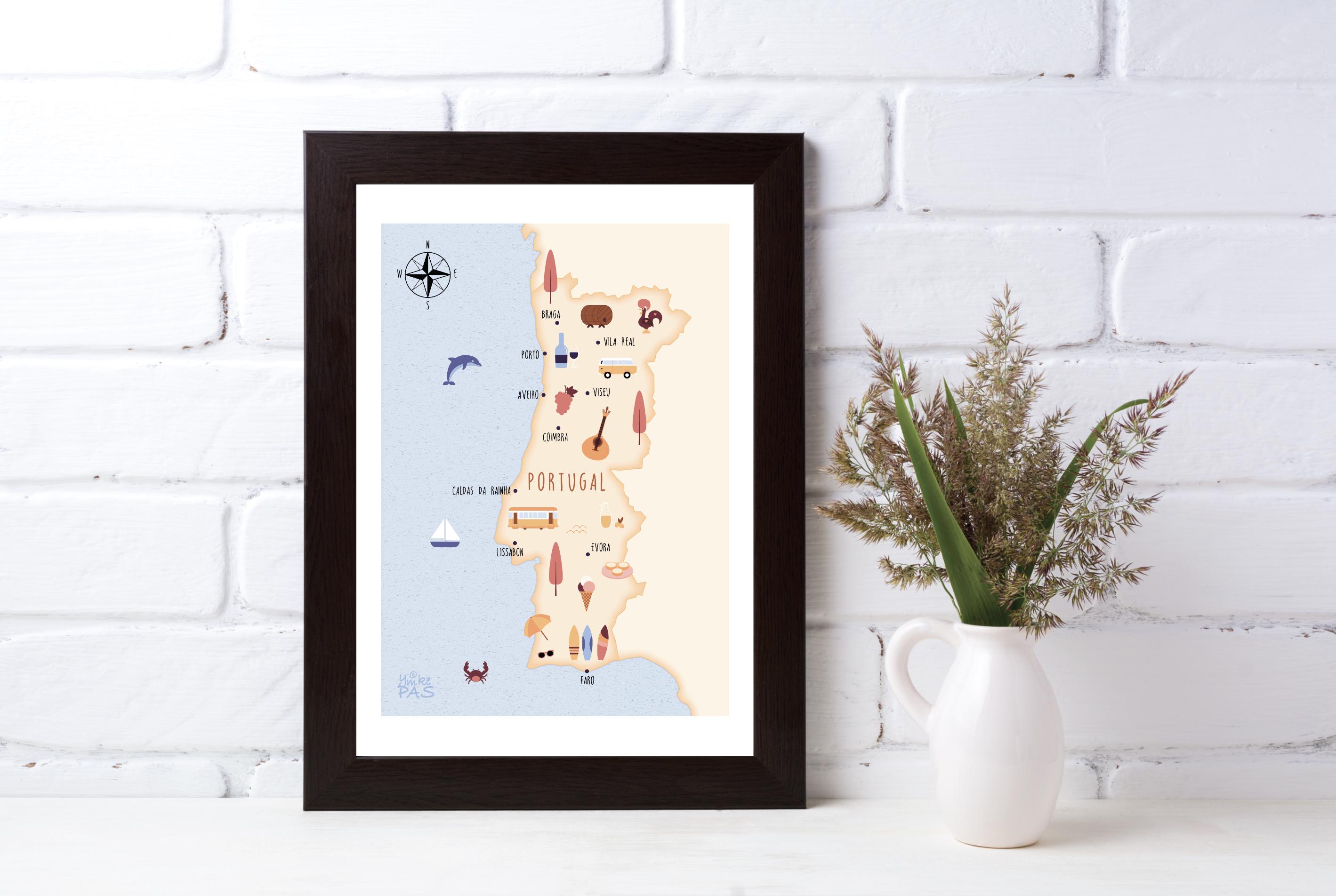 Illustrated Map of Portugal Art Print Poster Travel Map Digital ...