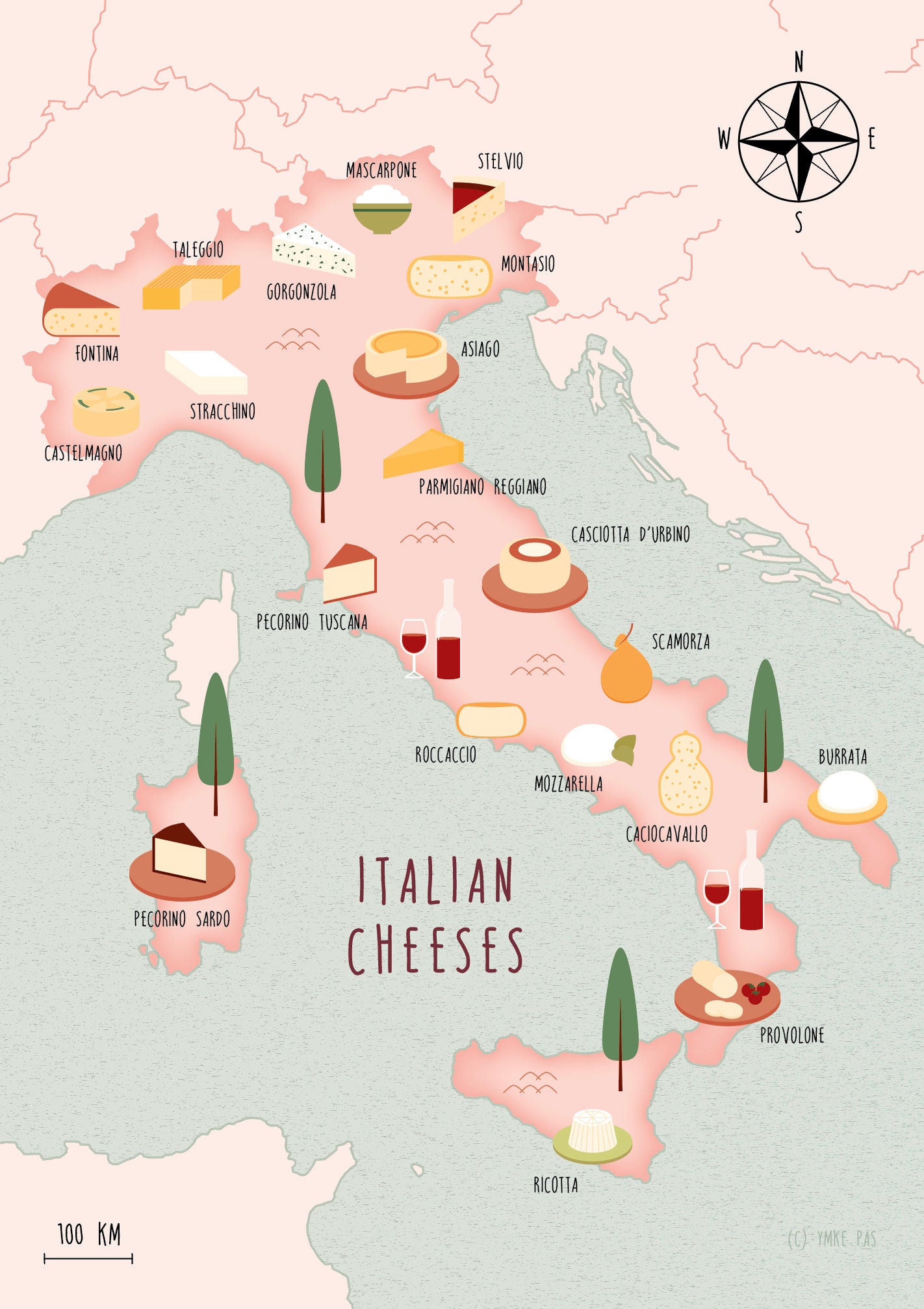 Illustrated Map of Italy, Italian Cheeses, Food, Art Print, Poster ...