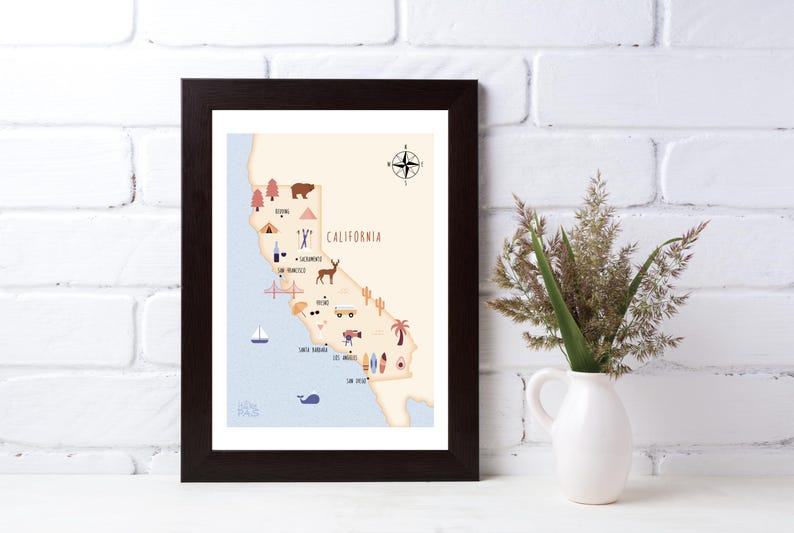 Illustrated Map of California Art Print Poster Travel Map Digital ...