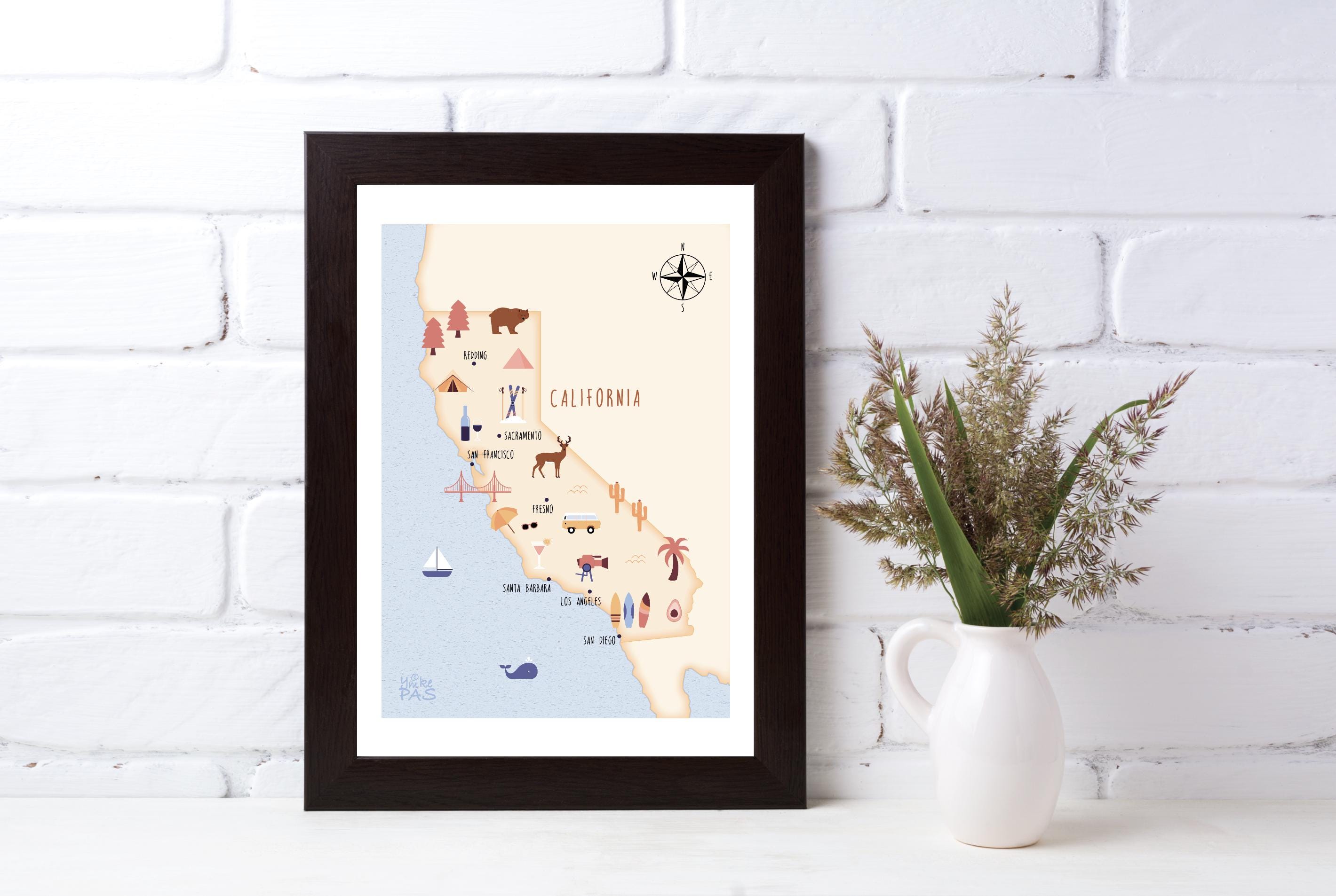 Illustrated Map of California Art Print Poster Travel Map Digital ...