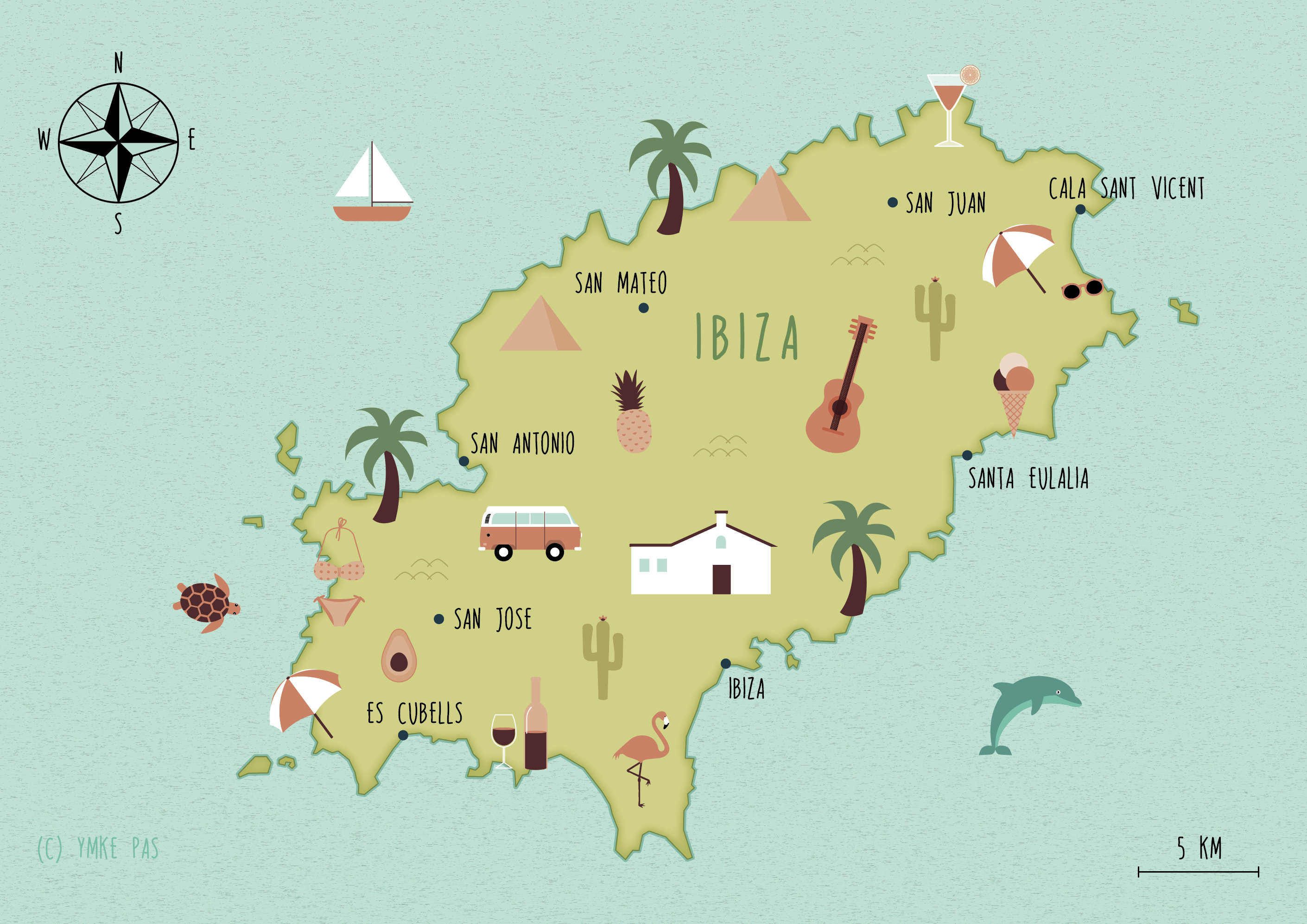 Illustrated Map of Ibiza Art Print Poster Travel Map Digital Download ...