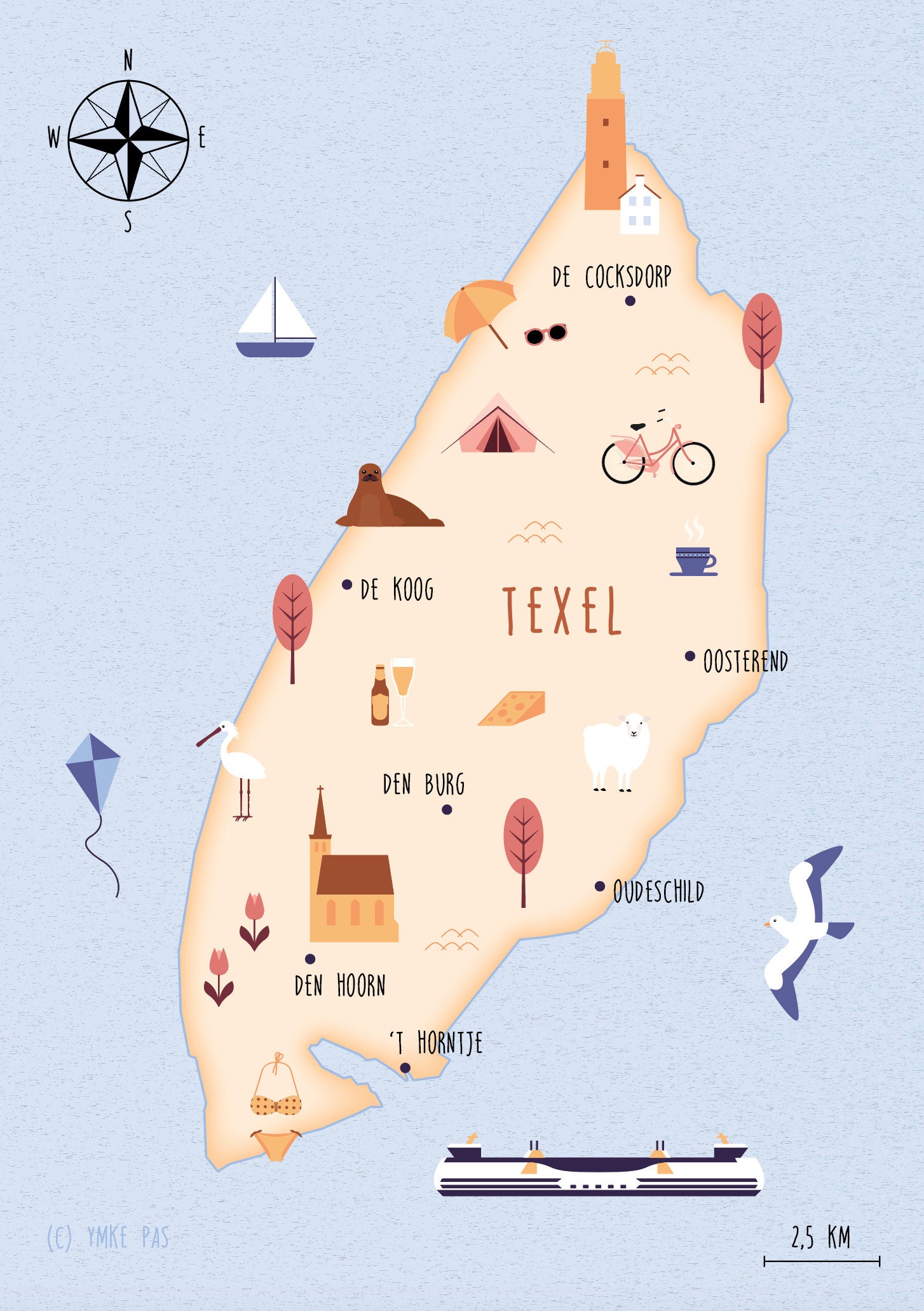 Illustrated Map of Texel Art Print Poster Travel Map Digital Download - Etsy