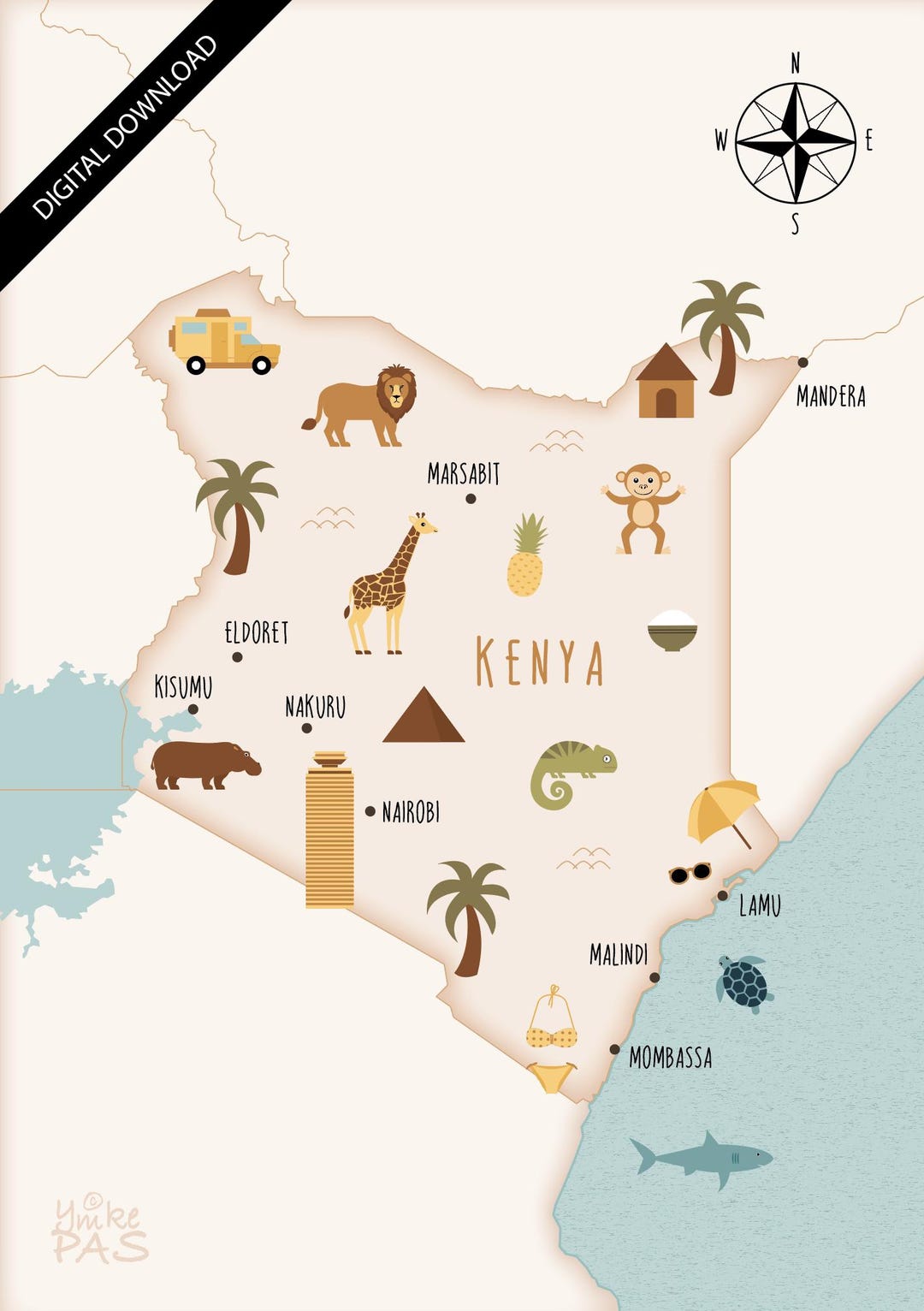 Illustrated Map of Kenya Art Print Poster Travel Map Digital Download ...