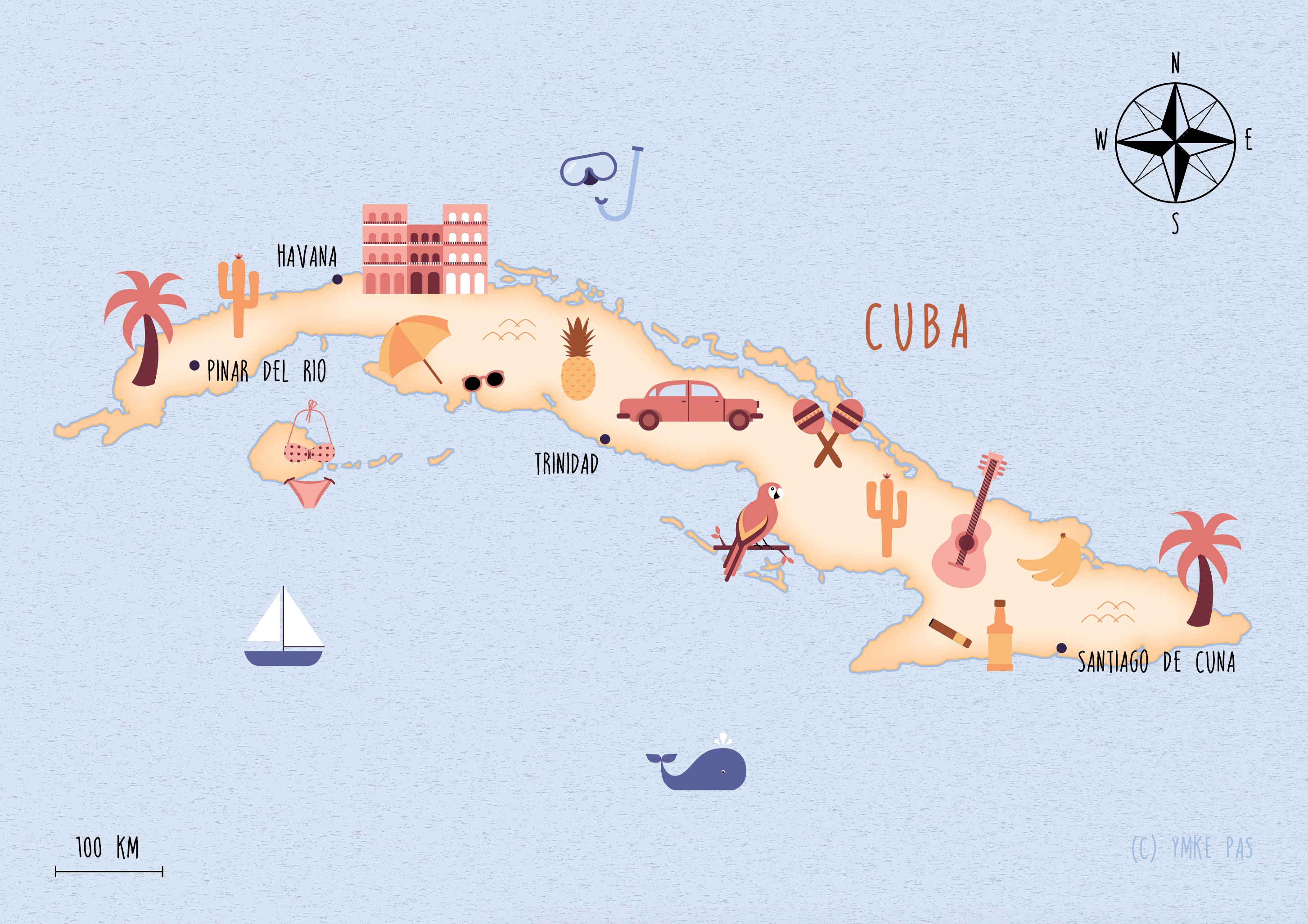 Illustrated Map of Cuba Art Print Poster Travel Map Digital Download - Etsy
