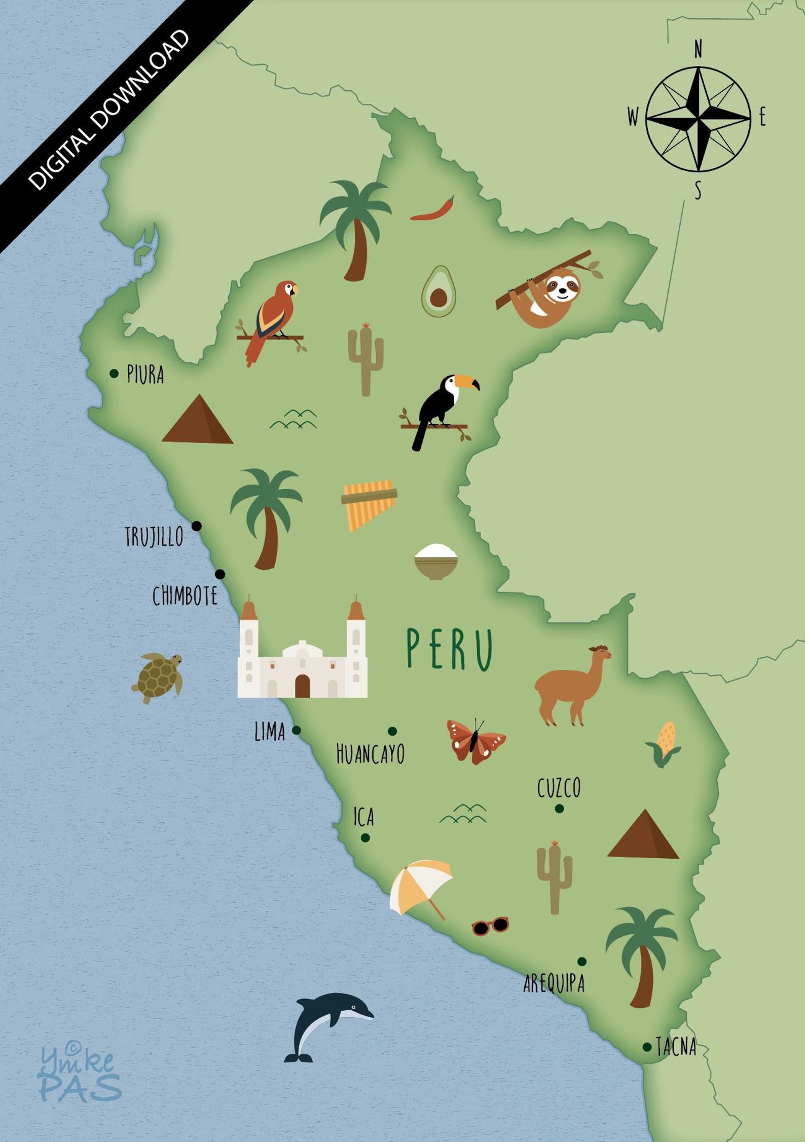 Illustrated Map of Peru Art Print Poster Travel Map Digital Download - Etsy