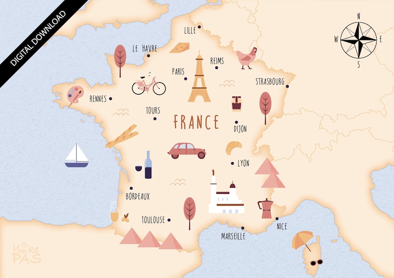 Illustrated Map of France Art Print Poster Travel Map Digital Download ...