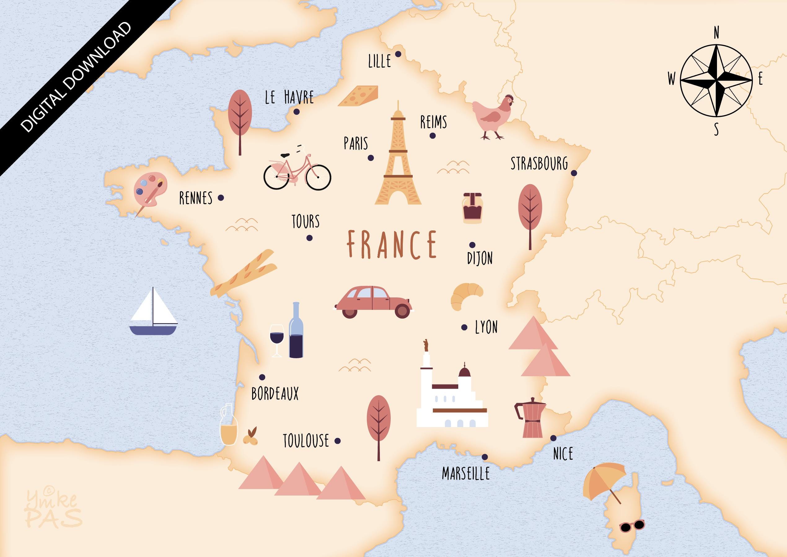 Illustrated Map of France Art Print Poster Travel Map Digital Download ...