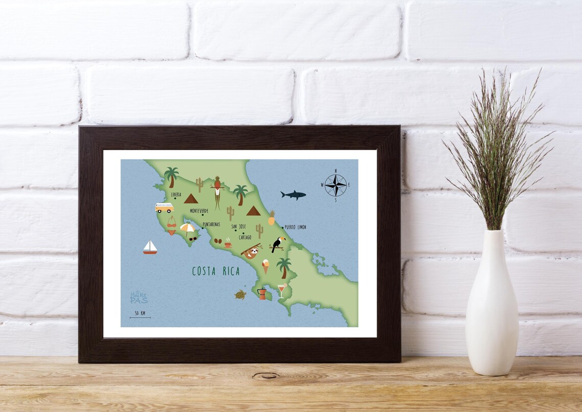 Illustrated Map of Costa Rica Art Print Poster Travel Map Digital ...