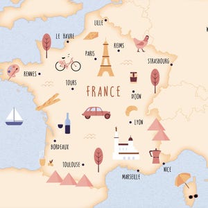 Illustrated Map of France Art Print Poster Travel Map Digital Download ...