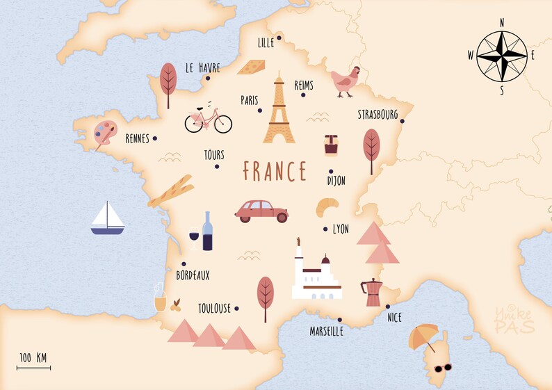 Illustrated Map of France Art Print Poster Travel Map Digital Download ...
