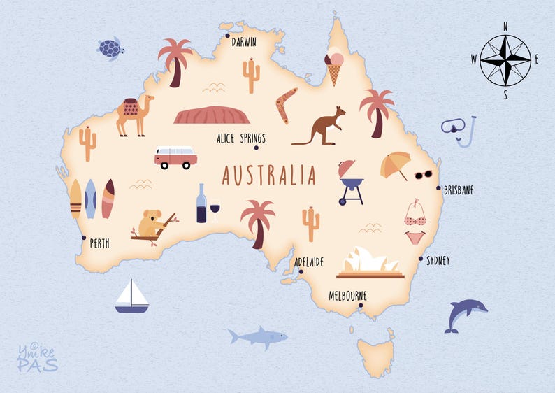 Illustrated Map of Australia Art Print Poster Travel Map - Etsy Australia
