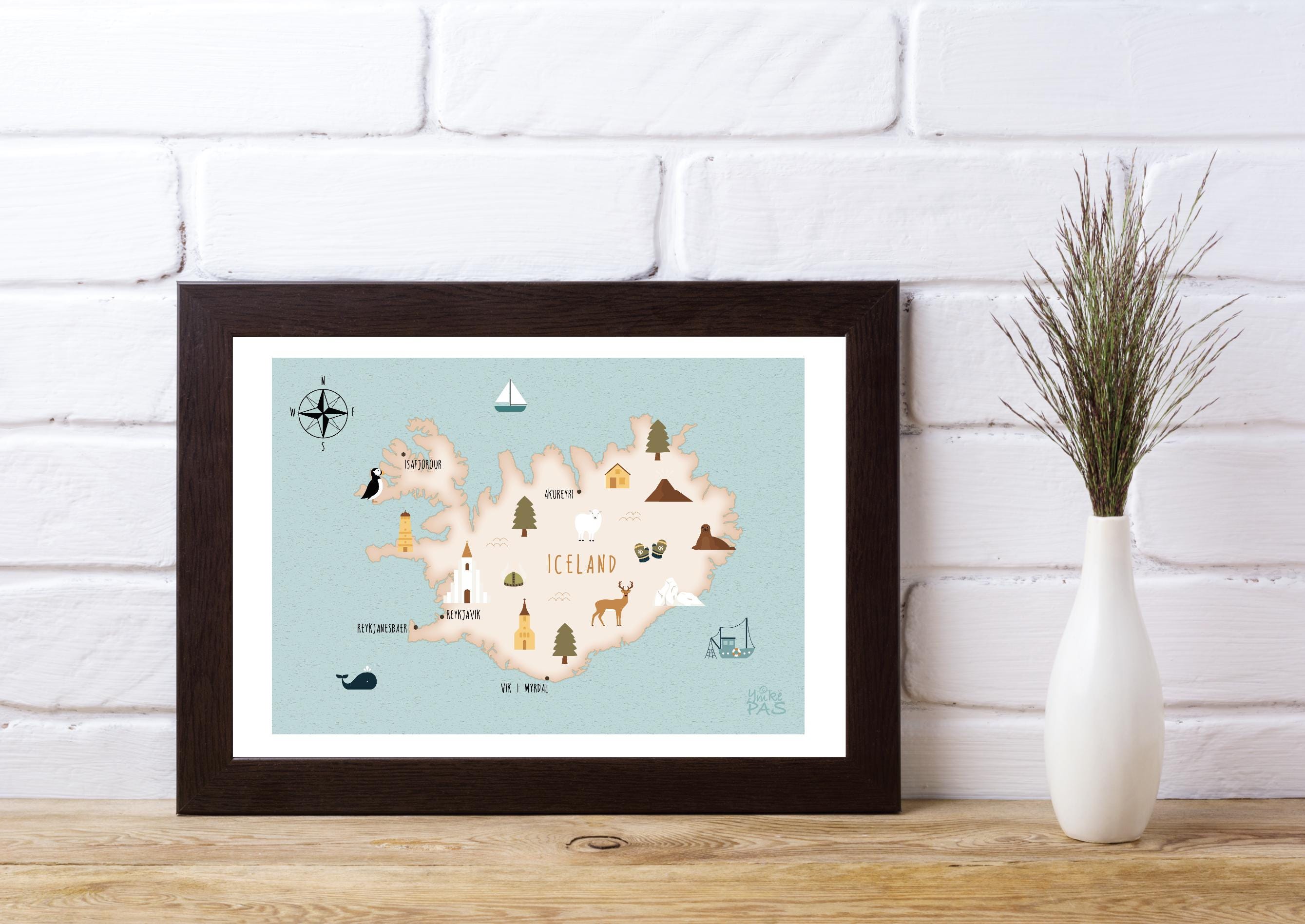 Illustrated Map of Iceland Art Print Poster Travel Map Digital Download ...