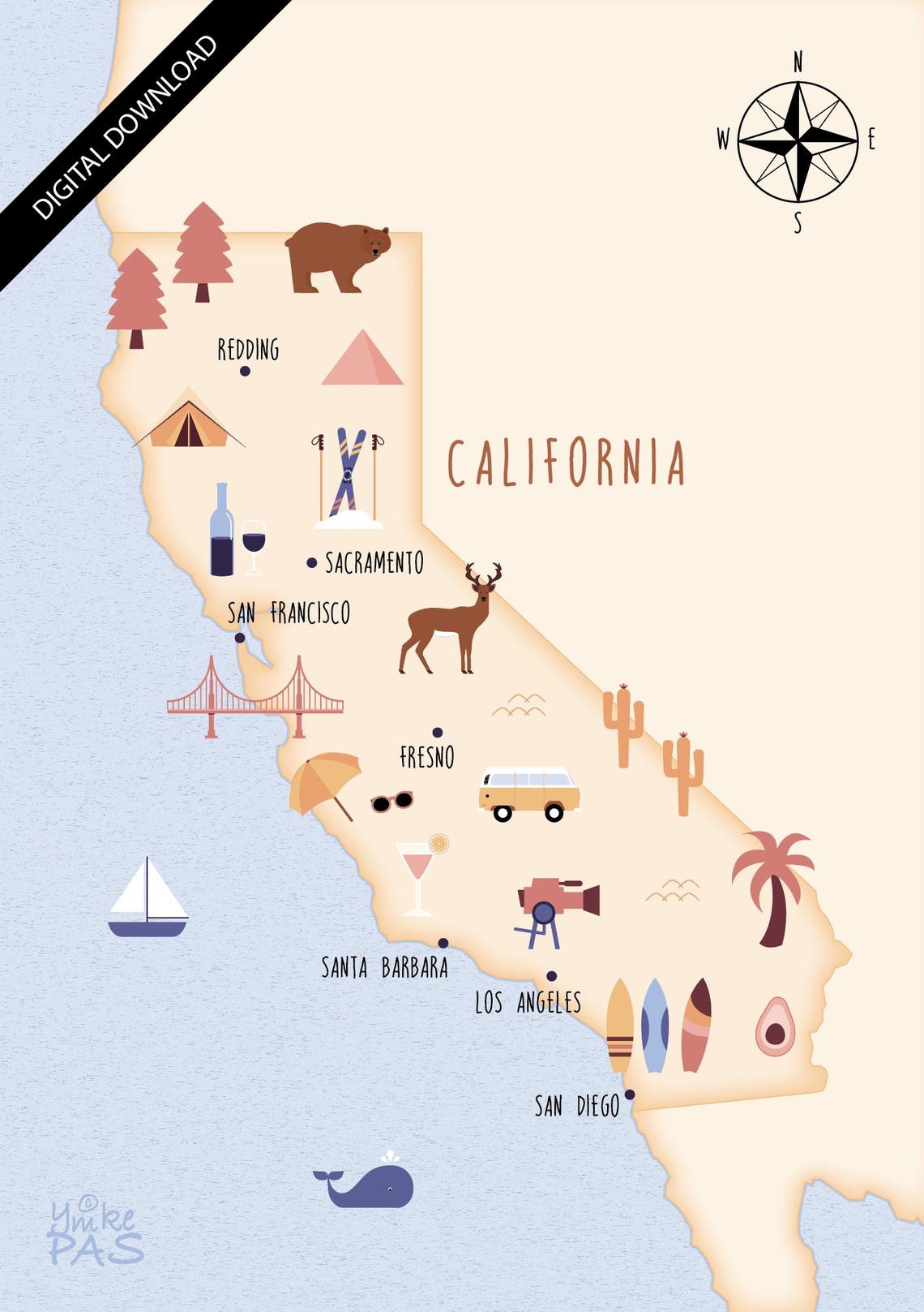 Illustrated Map of California Art Print Poster Travel Map Digital ...